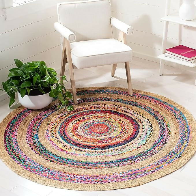 Multi Colour And Jute Round Rug 2x2 Ft